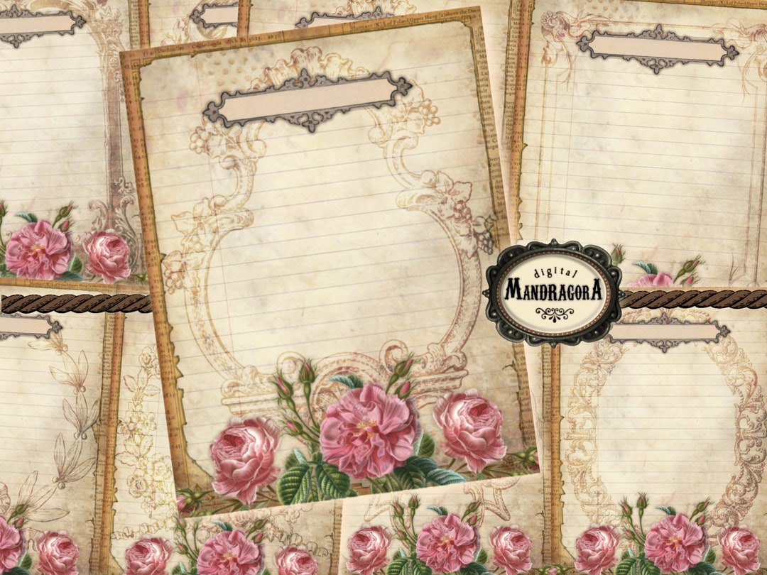 Grunge Writing Papers With Roses, Shabby Vintage Stationery, Instant ...