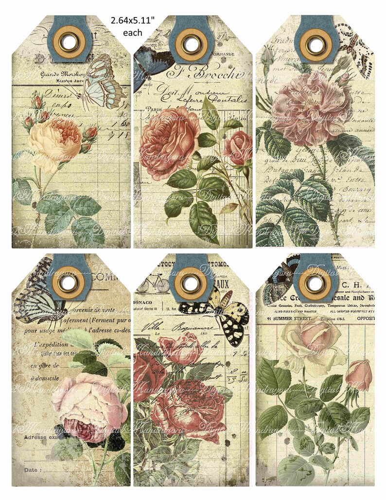 Shabby Tags With Roses Cottage Chic Printable Floral Ephemera - Etsy
