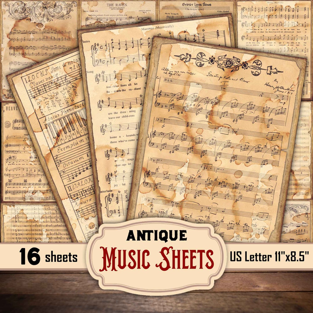 Digital Vintage Music Sheet Pack: Tea Stained Antique Collage, Grunge ...