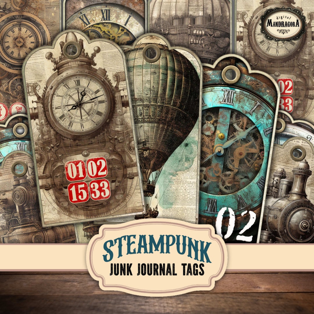 Steampunk Junk Journal Tags: Vintage Clockwork, Balloons (digital ...