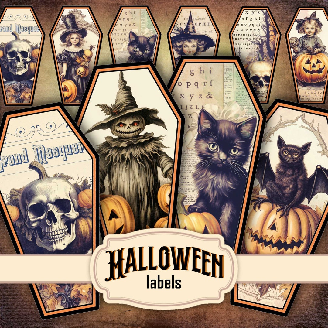 Vintage Halloween Coffin Labels: Skull, Witch, Cat Ephemera Printable ...