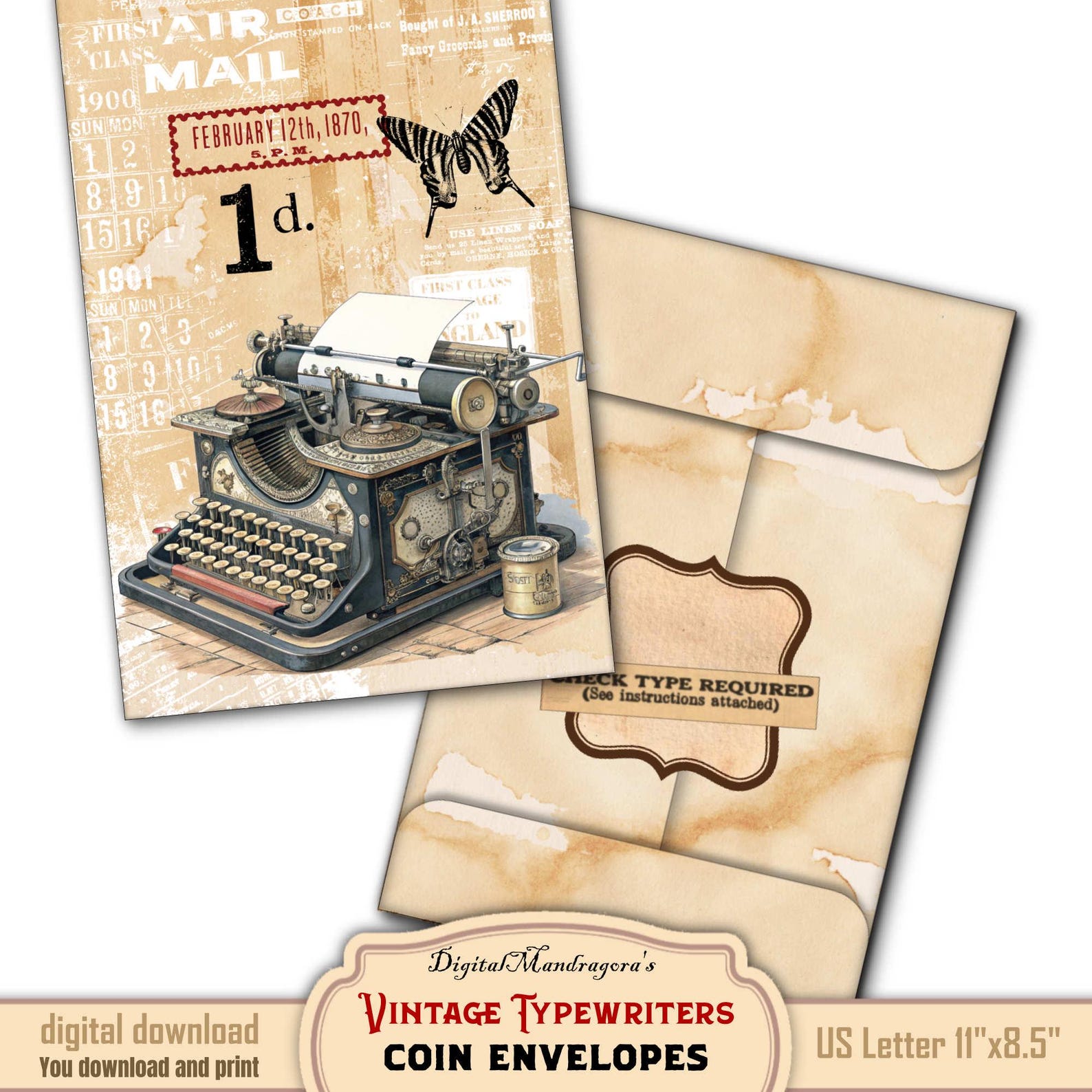 Vintage Typewriter Coin Envelopes: Printable Ephemera for Junk Journals ...