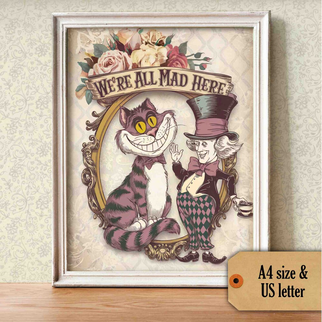 Cheshire Cat Mad Hatter Wonderland Print, We Are All Mad Here, 8.5x11 ...