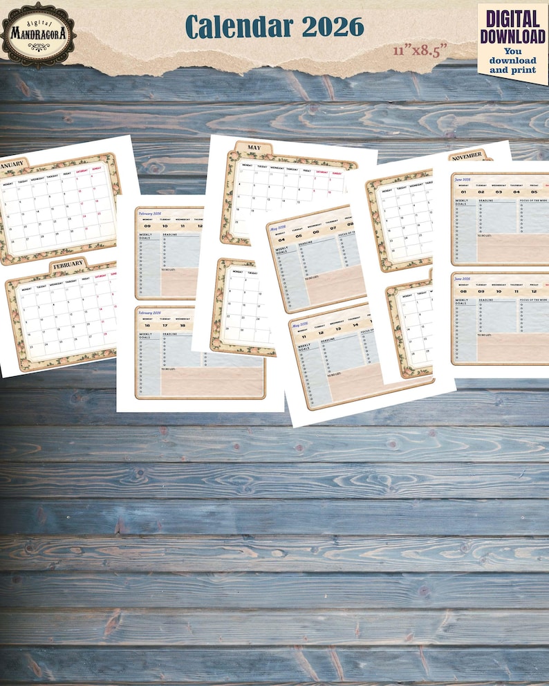 2026 Weekly Calendar Box Printable • Vintage Floral Planner Cards ...