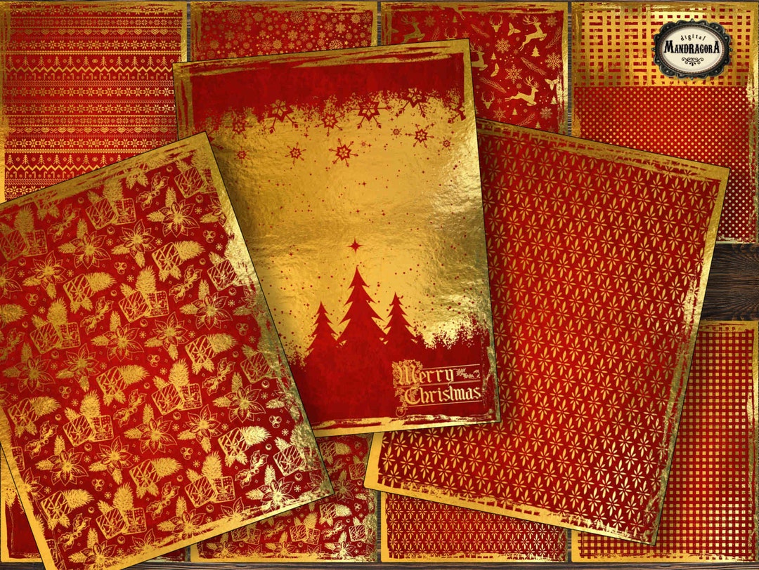 Christmas Gold Leaf Red Scrapbook Vintage Papers Decorative ...
