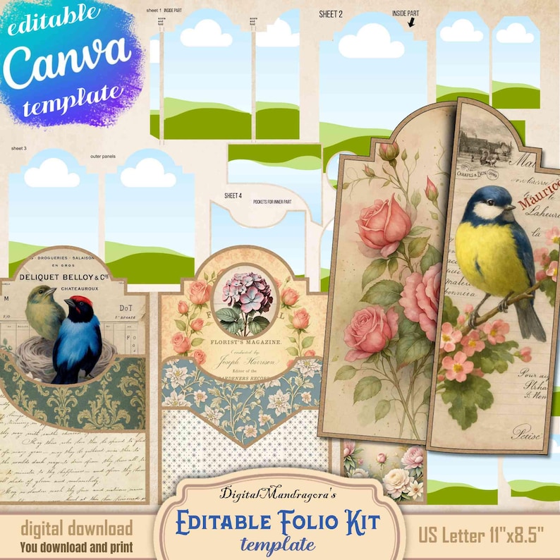 Editable Canva Junk Journal Folio Frame Template Kit: Trifold Base ...