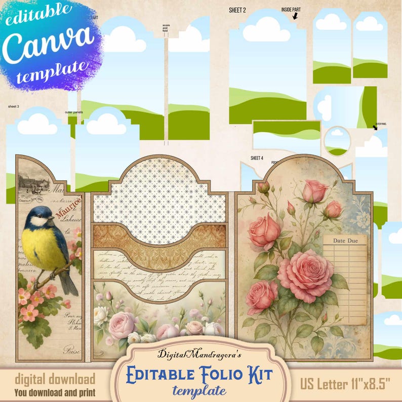 Editable Canva Junk Journal Folio Frame Template Kit: Trifold Base ...