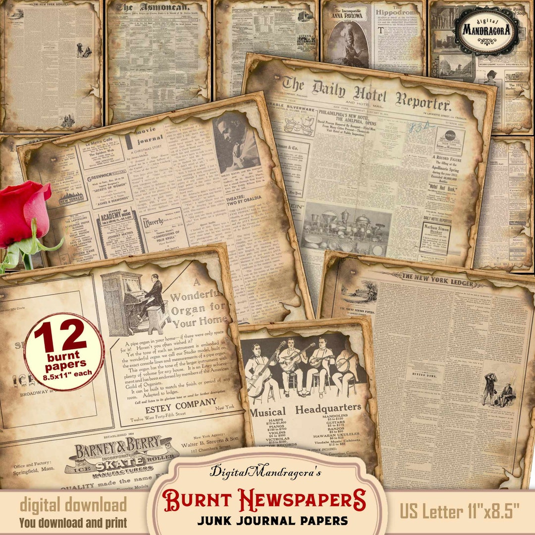Burnt Newspaper Ephemera: Vintage Scrapbook Paper (digital Download) - Etsy