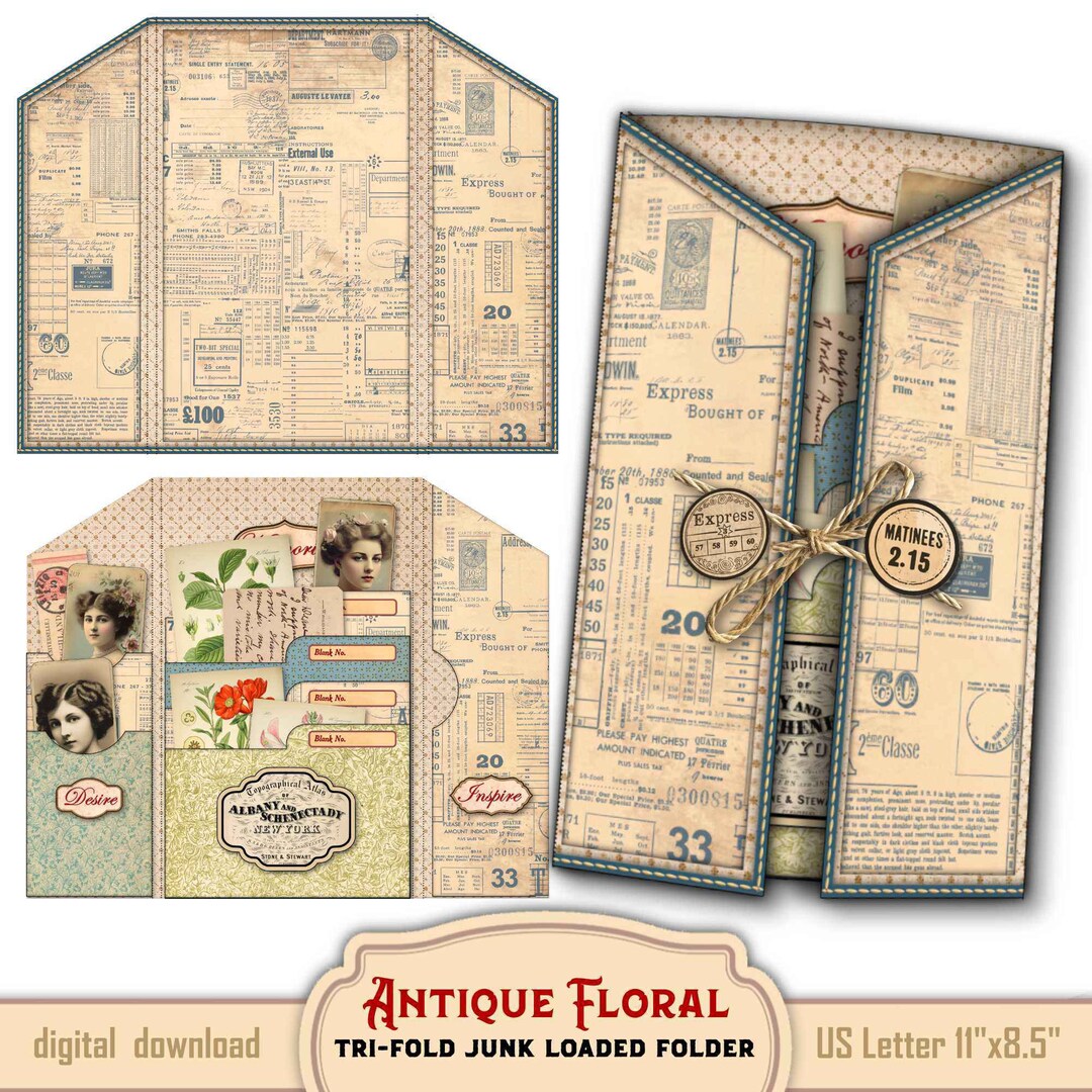 Antique Floral Ephemera Tri-fold Loaded Folder Folio Kit, Easy DIY Junk Journal Digital ...