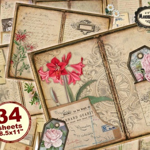 Botanical Junk Journal Kit, Floral Journal Pages, Vintage Journal Pages ...