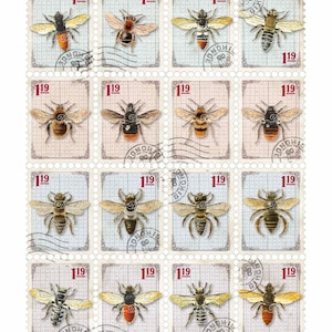 Bees Faux Postage Stamps, Bees Printable Stamps, Bees Stamp Set, Bees ...