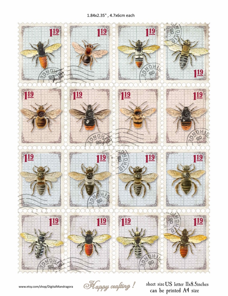 Bees Faux Postage Stamps: Printable Scrapbook Embellishments (digital ...