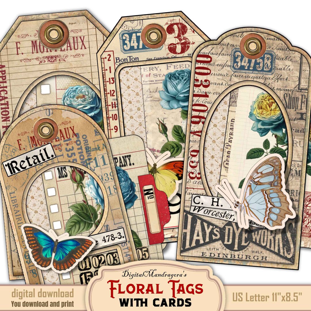 Junk Journal Foldable Tags and Cards, Vintage Cottage Core Shabby Blue ...