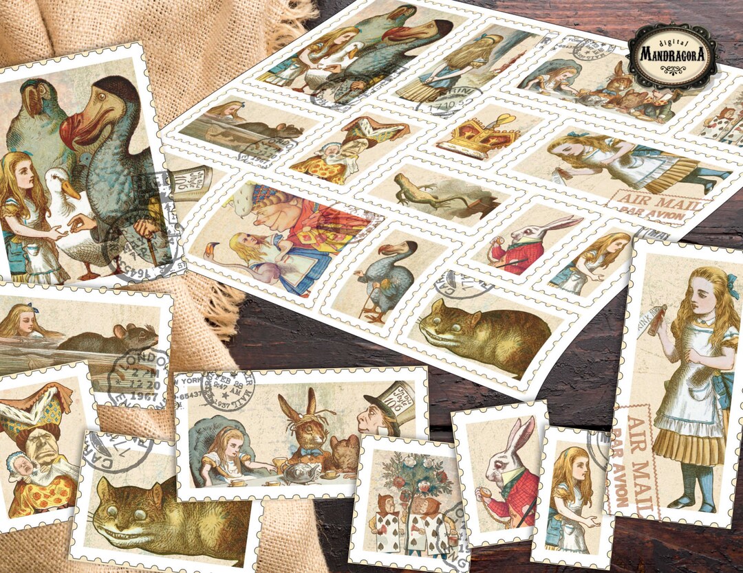 Alice in Wonderland Faux Postage Stamps: Vintage Scrapbooking (digital ...