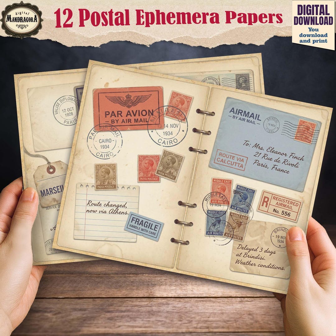 Postal Ephemera Printable Paper Pack, 12 Vintage Junk Journal Pages ...