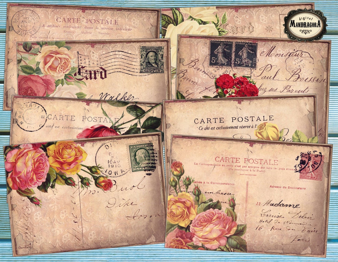 Shabby Floral Postcards, Printable Grunge Distressed Ephemera Collage ...