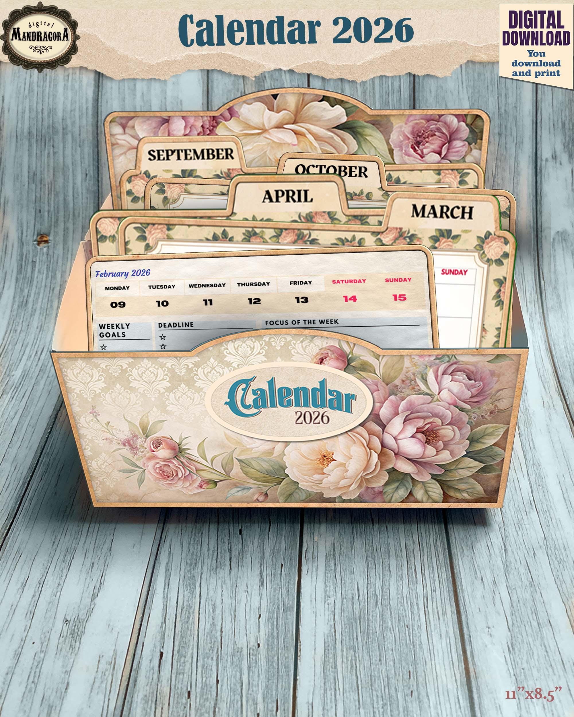 2026 Weekly Calendar Box Printable • Vintage Floral Planner Cards ...