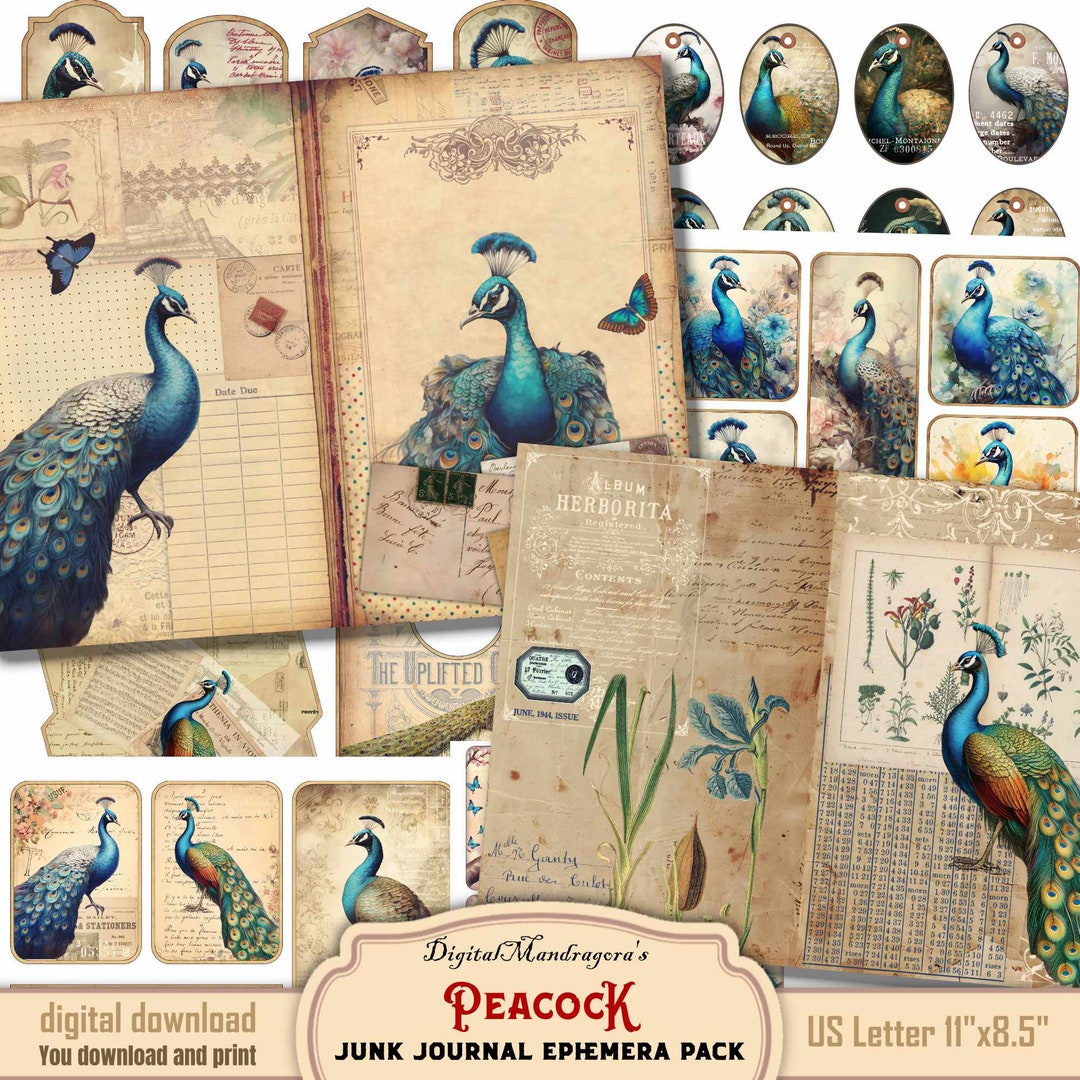 Vintage Peacock Junk Journal Add-on Pack: Envelopes, Pockets, Tags ...