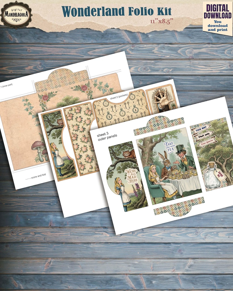 Alice in Wonderland Junk Journal Kit: Ephemera Folder Tri-fold Folio ...