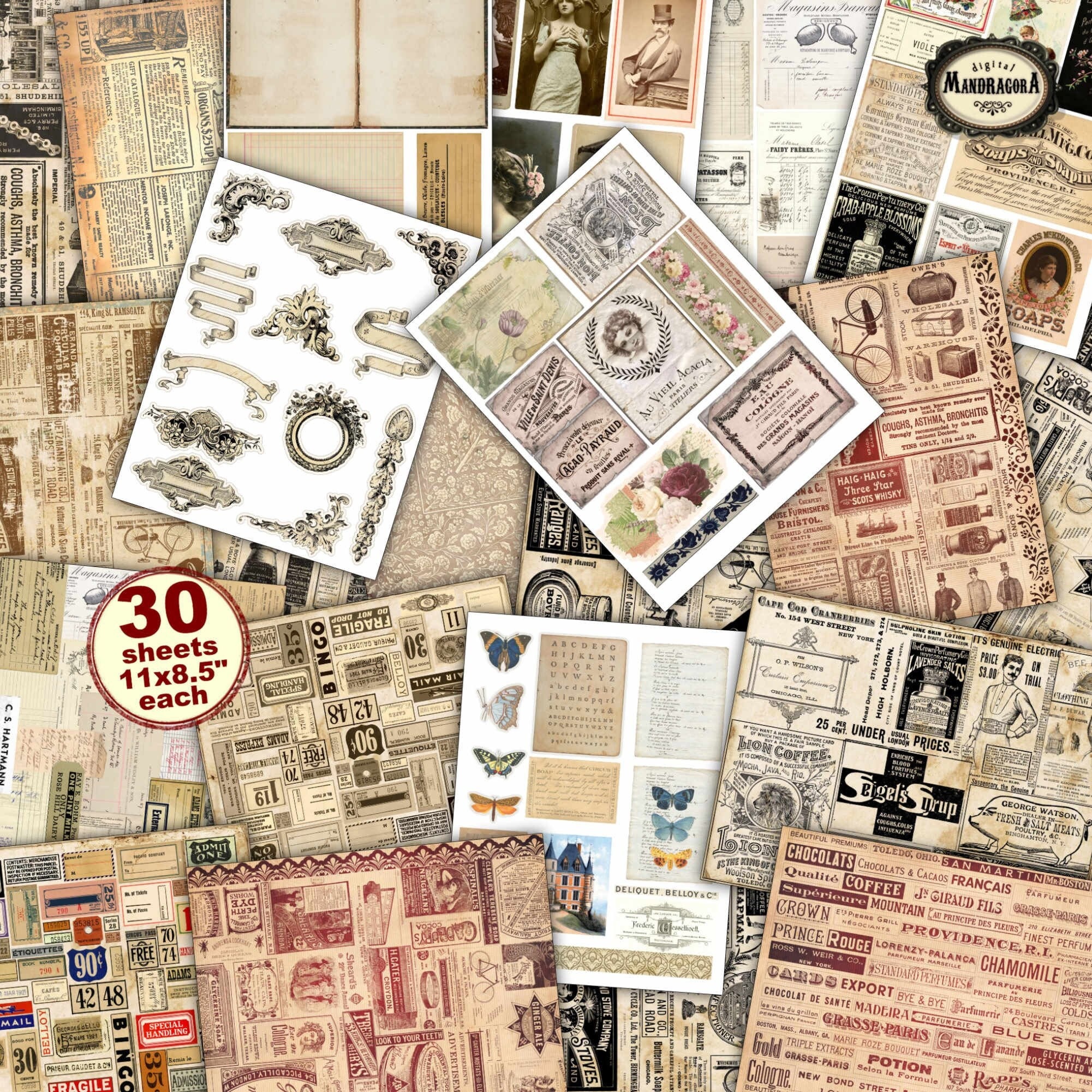 Vintage Ephemera Paper Pack: 30 US Letter Sheets for Scrapbooking ...