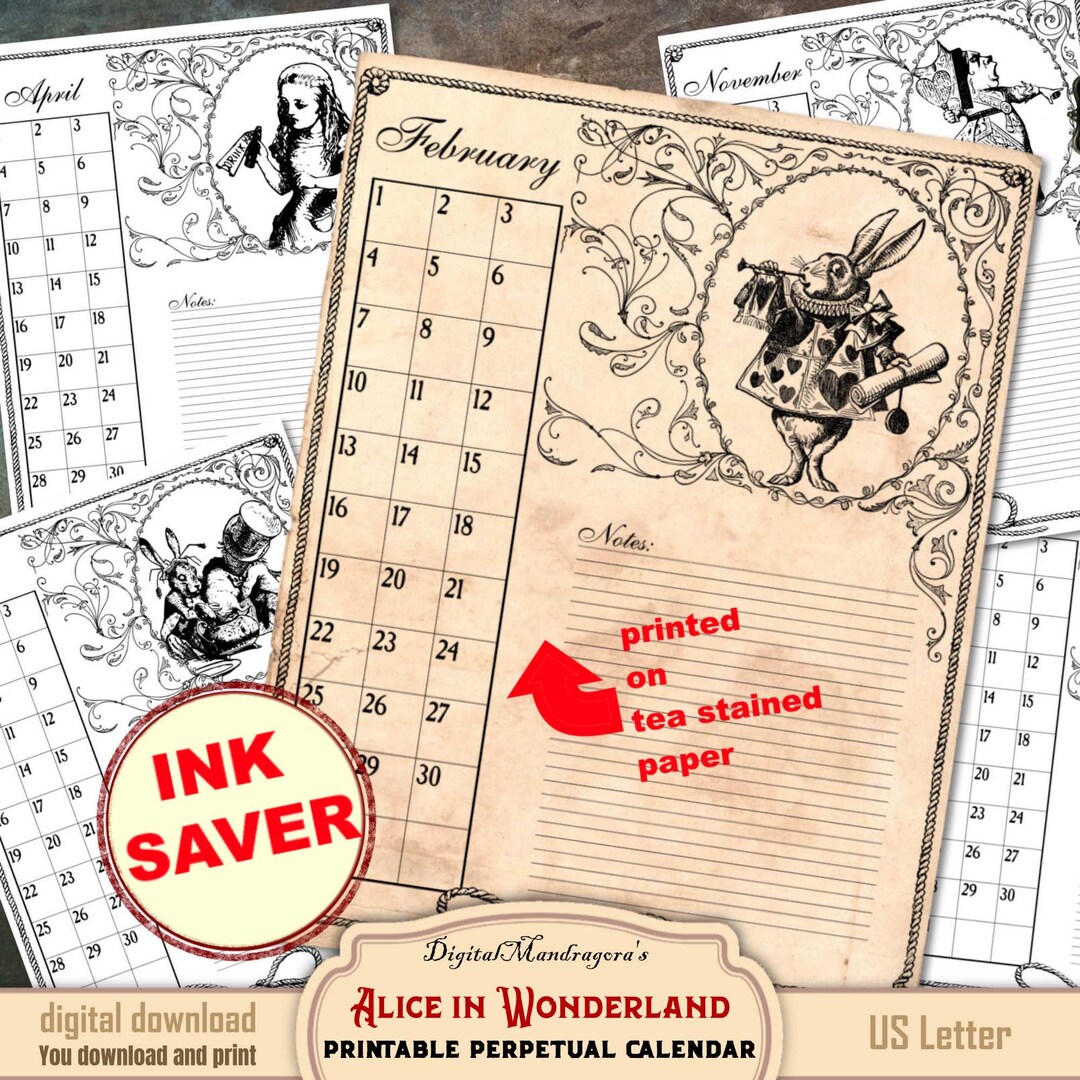 Alice in Wonderland Perpetual Calendar: Ink Saver Birthday Reminder ...