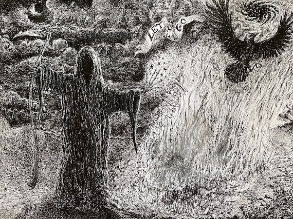 Drawing of a Grim Reaper With a Crow Heading Into the Infinite - Etsy UK