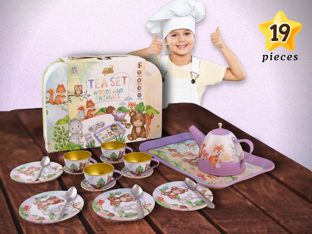 Woodland Animal Themed Toy Tea Set, 19-piece Pretend Tea Set Toy for ...