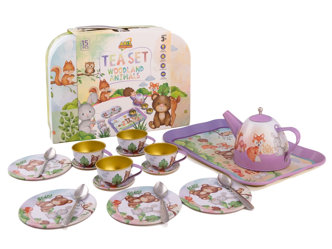 Woodland Animal Themed Kids Tea Party Set, 15 Pcs Childs Tea Set With ...