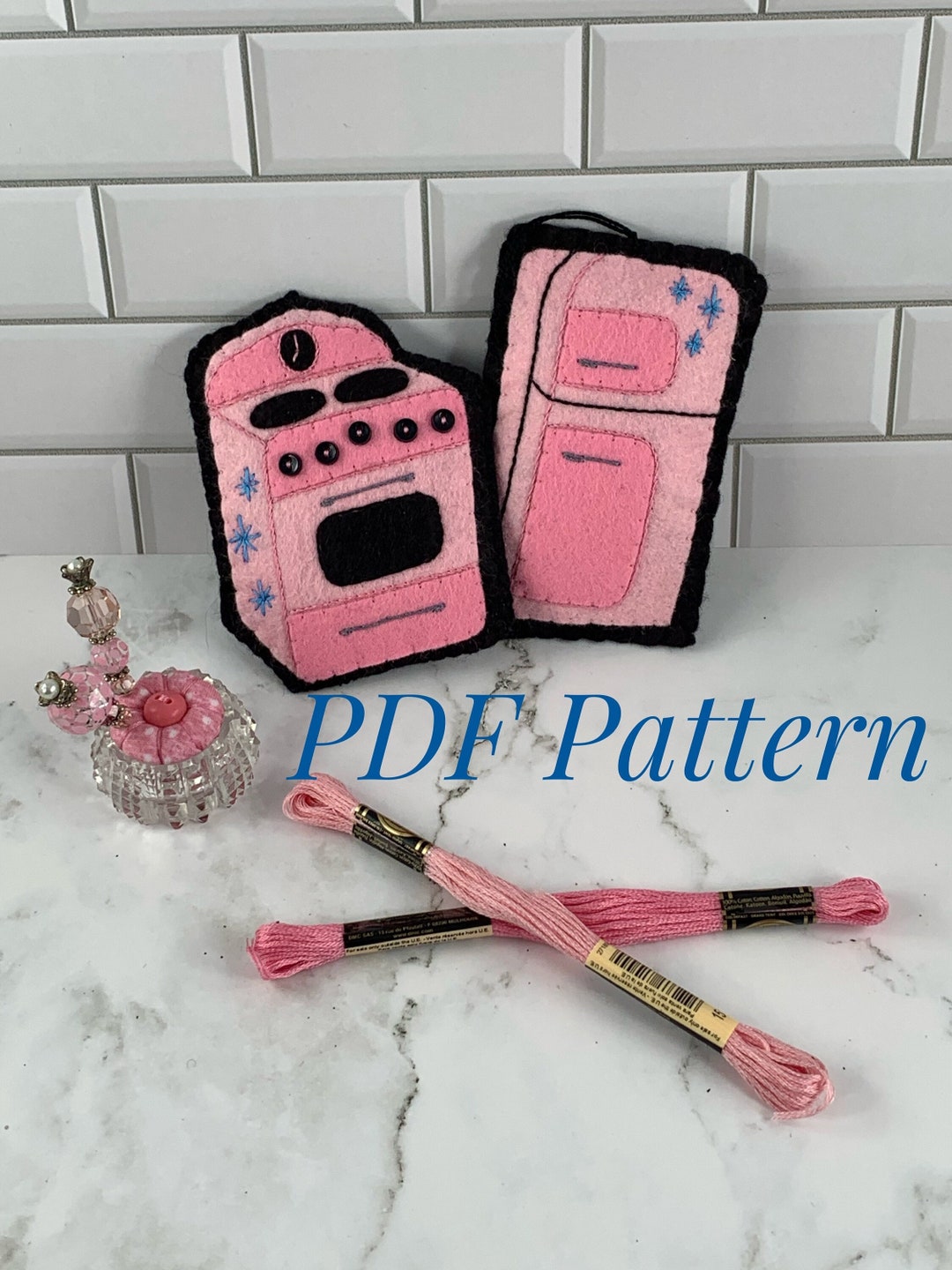 Retro MCM Pink Refrigerator and Stove Wool Felt Applique Ornament ...