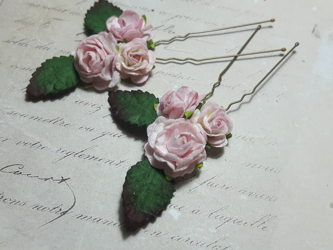 Pink Rose Cluster Hair Pins With Leaves, Flower Hair Pins, Pink Rose ...