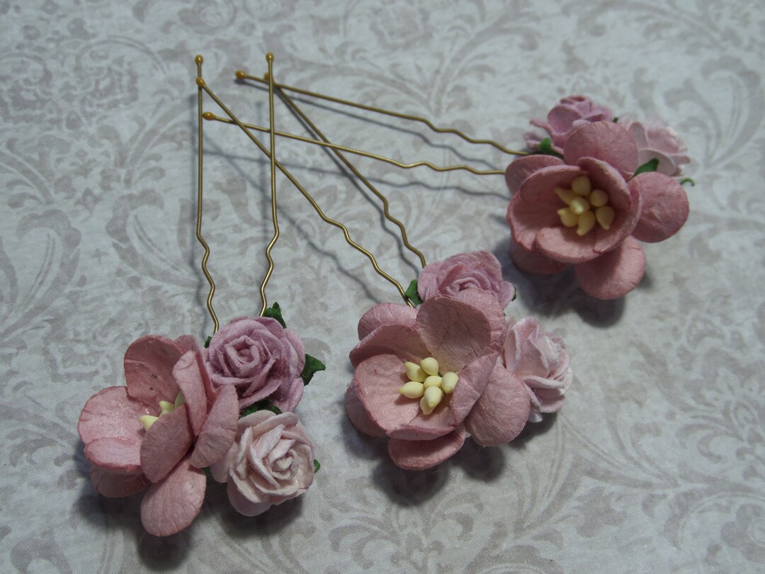 Dusky Pink Cherry Blossom Hair Pins, Pink Hair Flower, Bridesmaid Hair ...