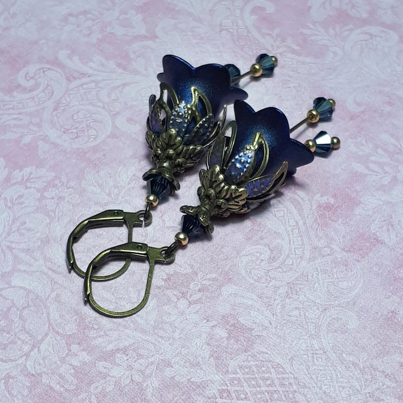 Indigo Blue Earrings, Navy Lucite Flower Dangles, Vintage Style ...