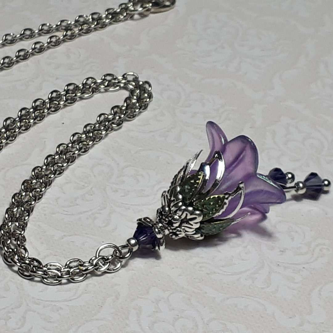 Violet Silver Floral Pendant, Flower Charm Necklace, Bohemian Vintage ...