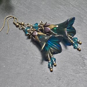 Green Blue Flower Fairy Earrings, Vintage Style Fantasy Drop Earrings ...