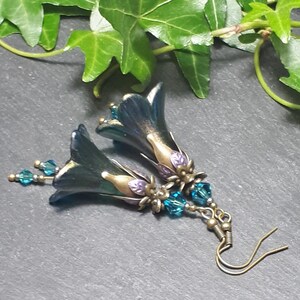 Green Blue Flower Fairy Earrings, Vintage Style Fantasy Drop Earrings ...