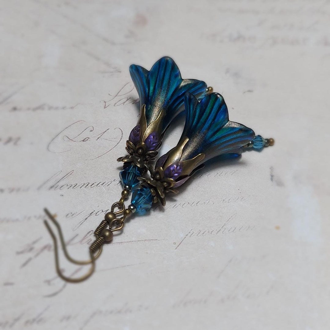 Green Blue Flower Fairy Earrings, Vintage Style Fantasy Drop Earrings ...