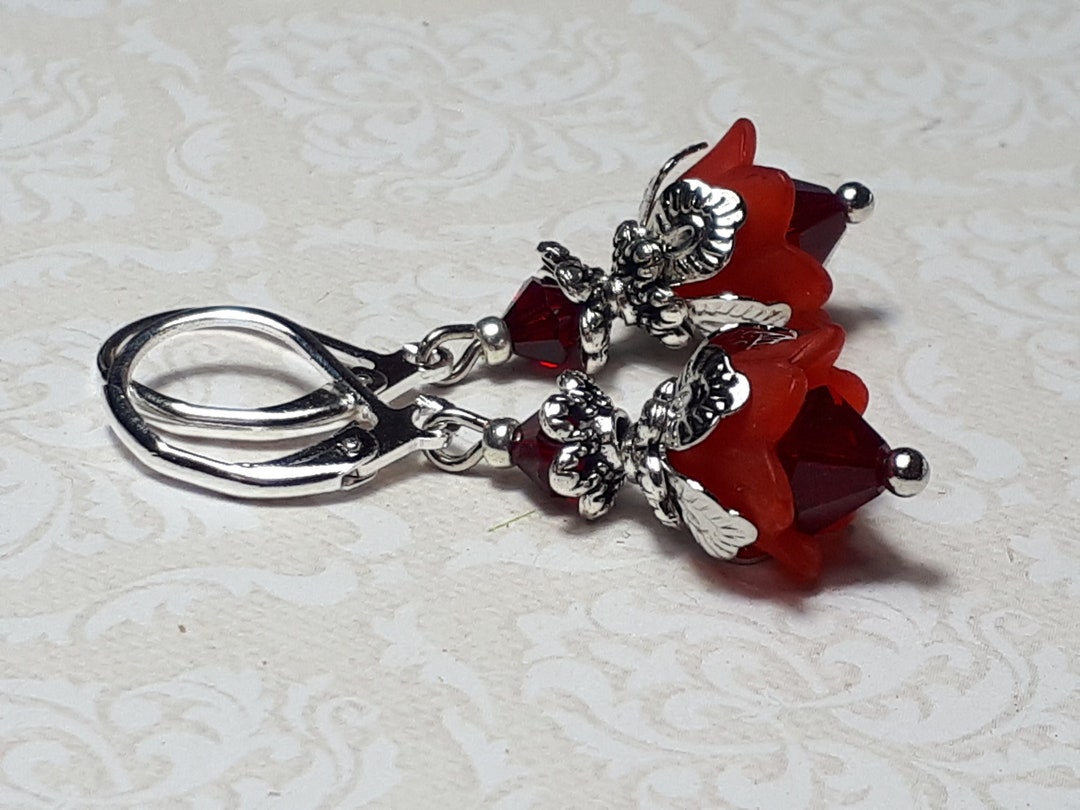 Red Flower Drop Earrings, Cute Floral Earrings, Garnet January Birthday ...