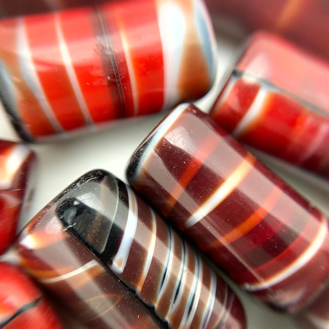 Vintage Funky Merlot Blood Red & Black Czech Glass Tube Beads (11x20mm ...