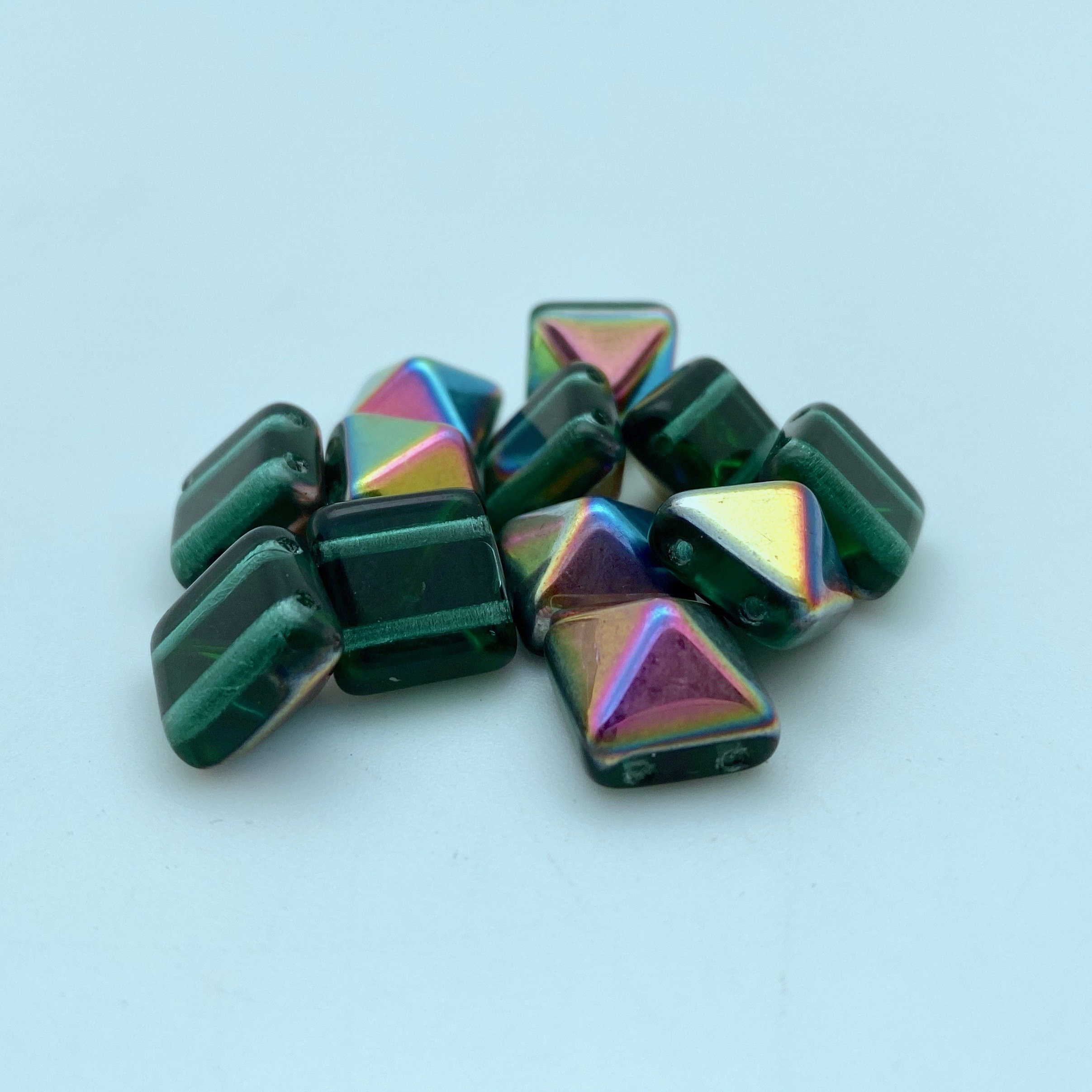Iridescent & Teal Green 2-Holed Pyramid Czech Glass Beads | Etsy