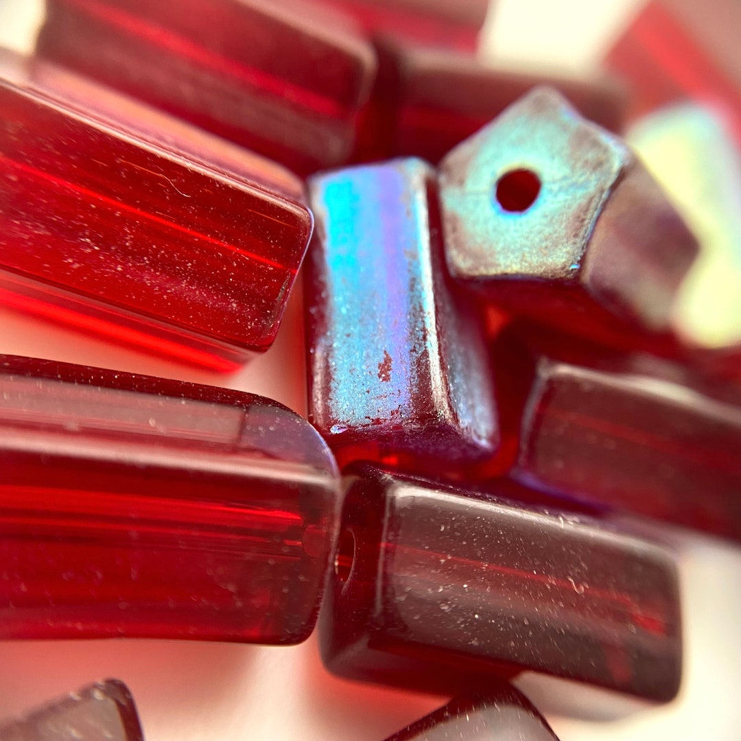 Vintage Translucent Cherry Red AB Blue Finish Czech Glass Tube Beads ...