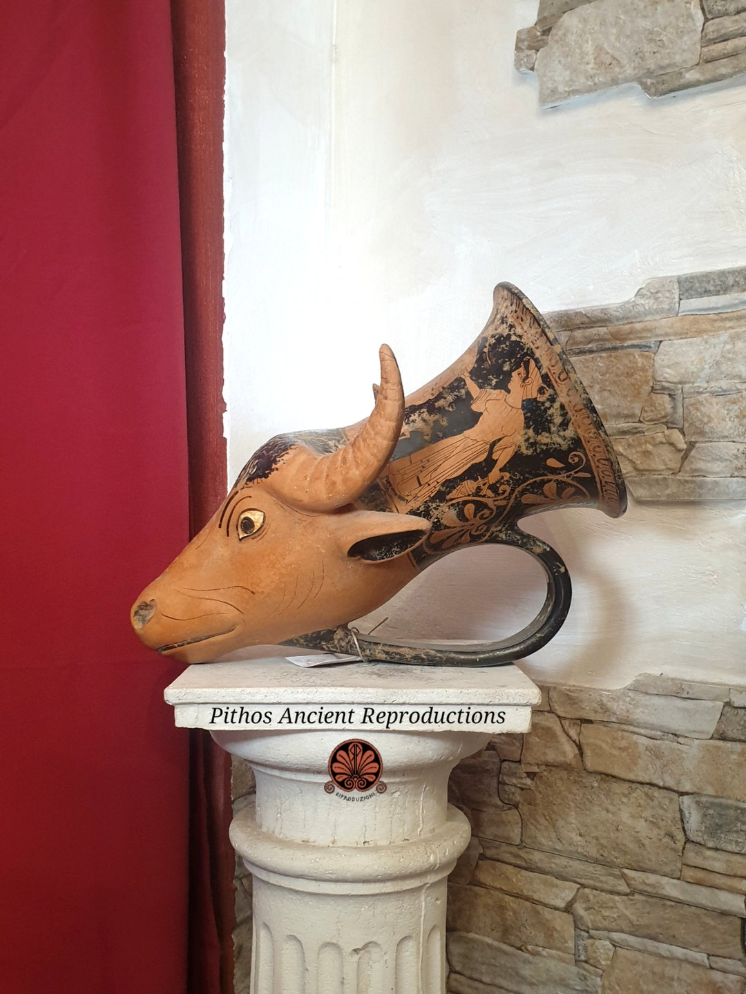 Rhyton Vase Reproduction With Red-figure Buffalo Head. Height 25cm ...