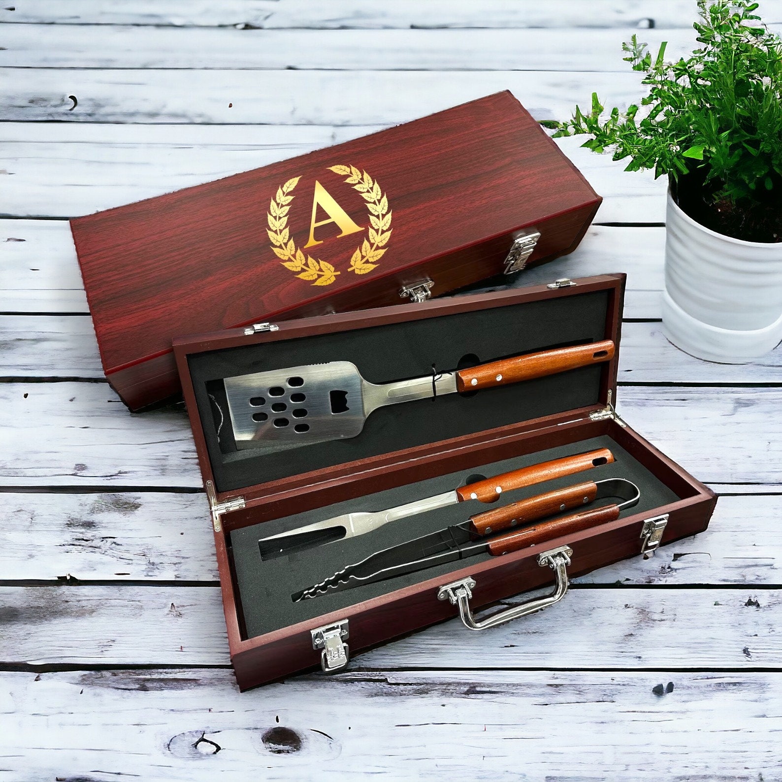 Personalized BBQ Grill Set Laser Engraved Monogram, Rosewood Box - Etsy
