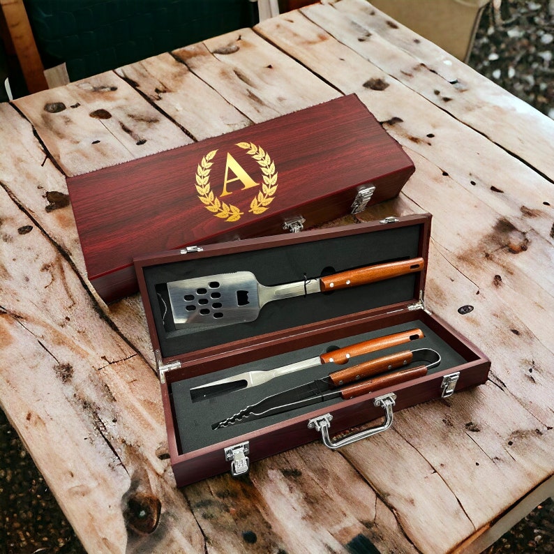 Personalized BBQ Grill Set Laser Engraved Monogram, Rosewood Box - Etsy