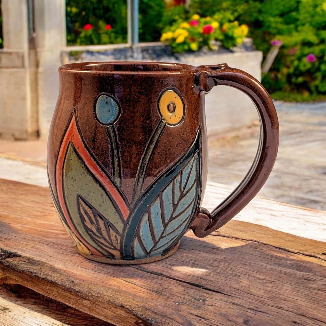 Carved Retro Floral Stoneware Pottery Mug - Etsy