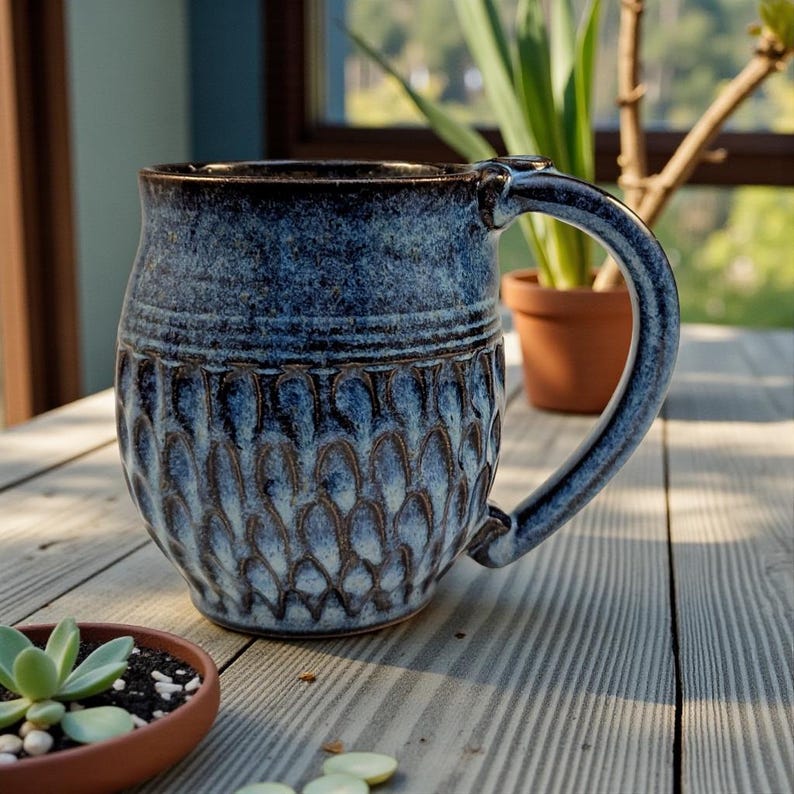 Divot Carved Stoneware Mug in Blue Rutile - Etsy