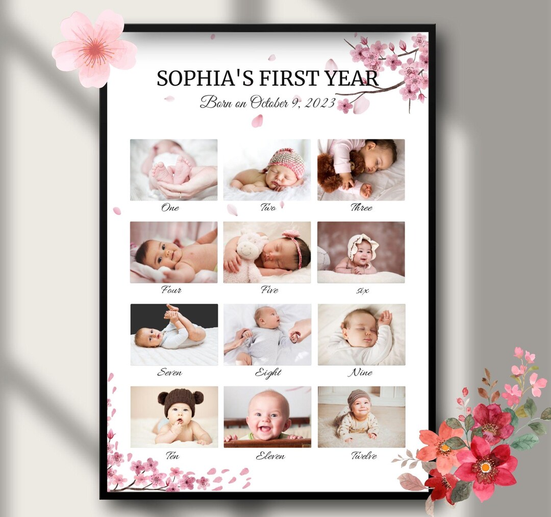 First Birthday Frame, 12 Month Photo Collage, Editable Baby Birthday ...