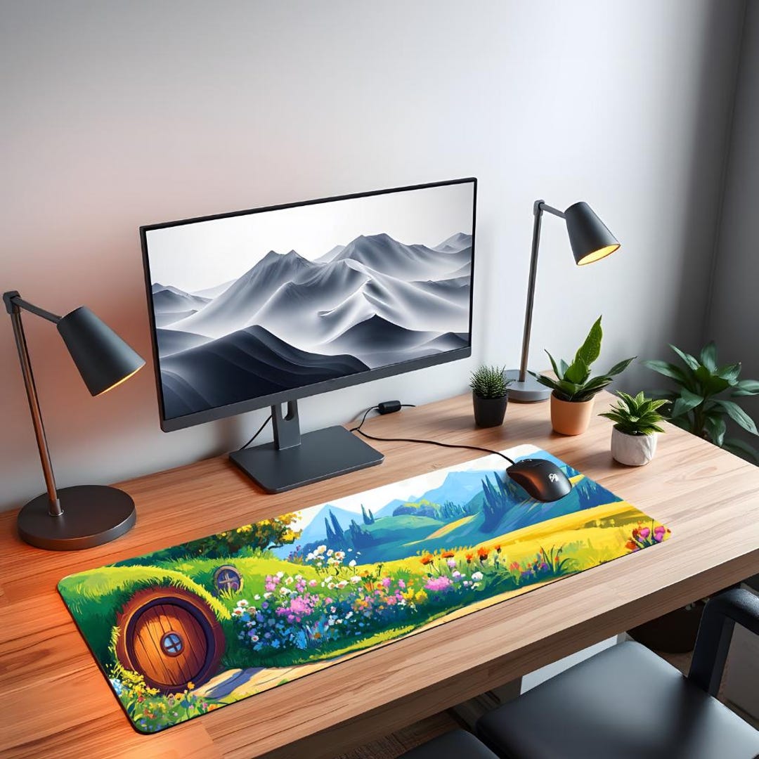 Hobbit Holes Desk Mat, the Shire Blooming Gardens LOTR Round Door ...