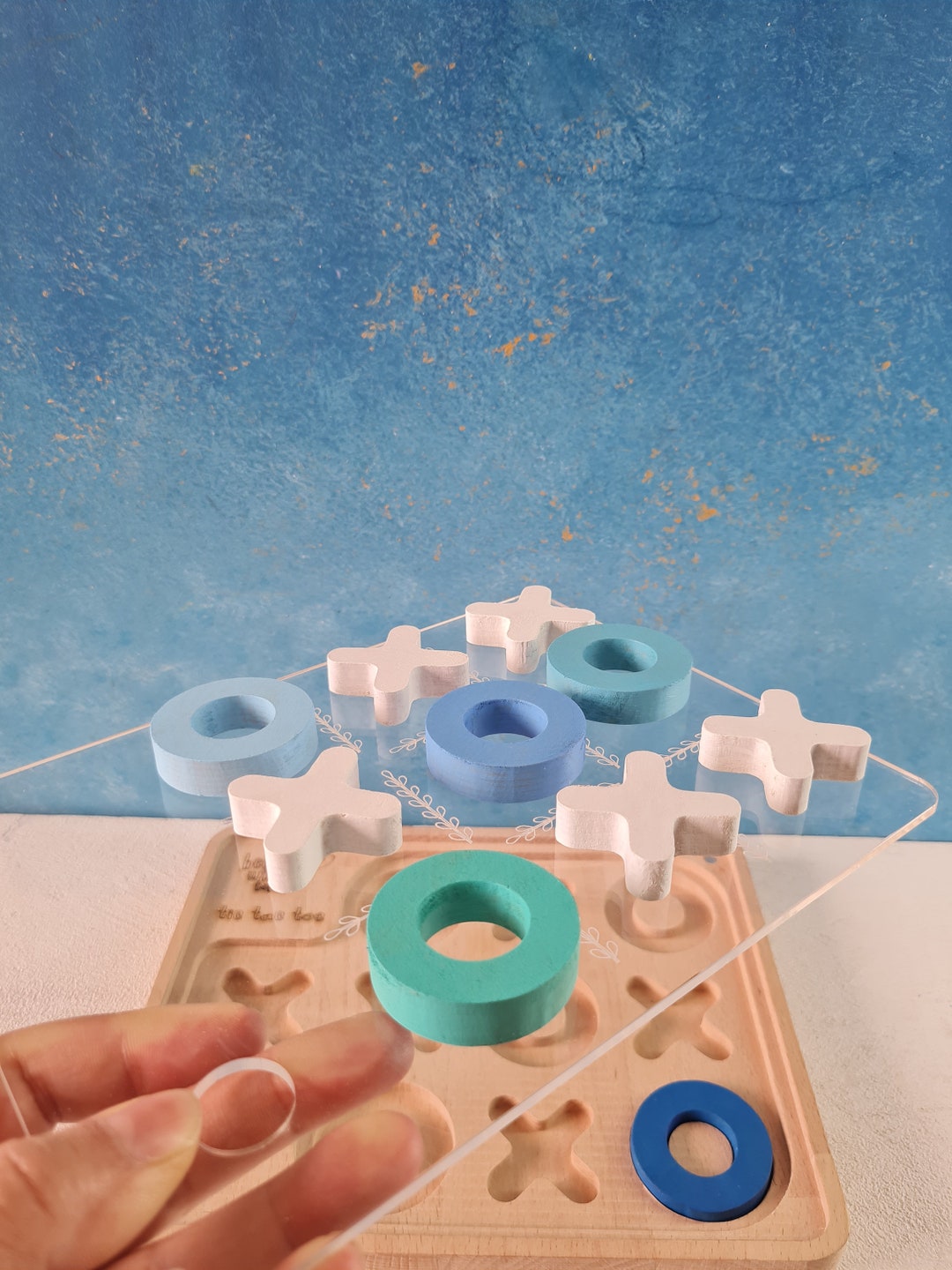 Personalized Wooden Tic Tac Toe Game Set, Blue Green Handmade Gift for ...