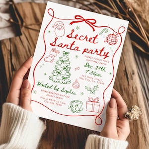 Secret Santa Christmas Party Invitation Template, Holiday Gift Exchange ...