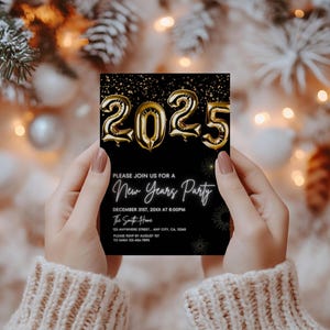 2025 New Years Party Invitation Template, Gold Balloon New Years Eve ...